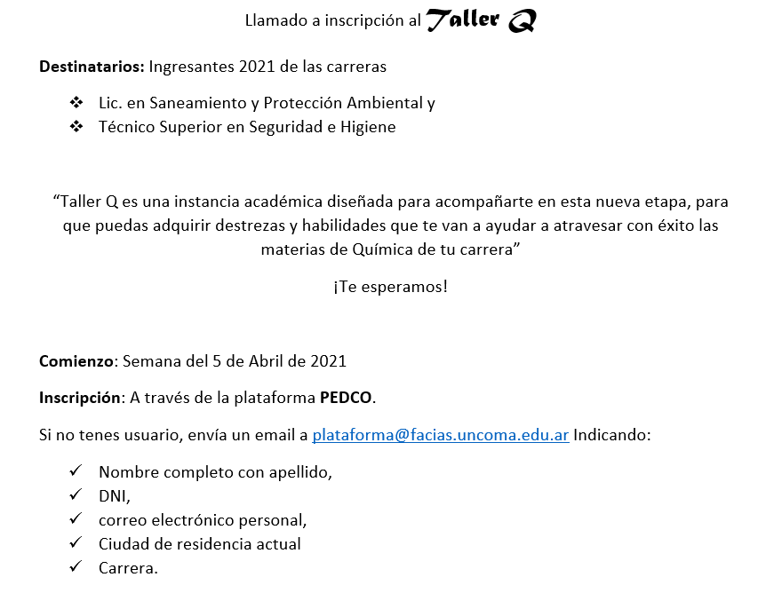 BIENVENIDOS! – TALLER Q – Facultad de Ciencias del Ambiente y la Salud
